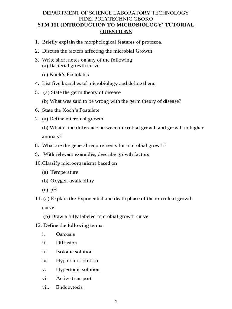STM 111 Tutorial Questions | PDF | Microorganism | Pathogen