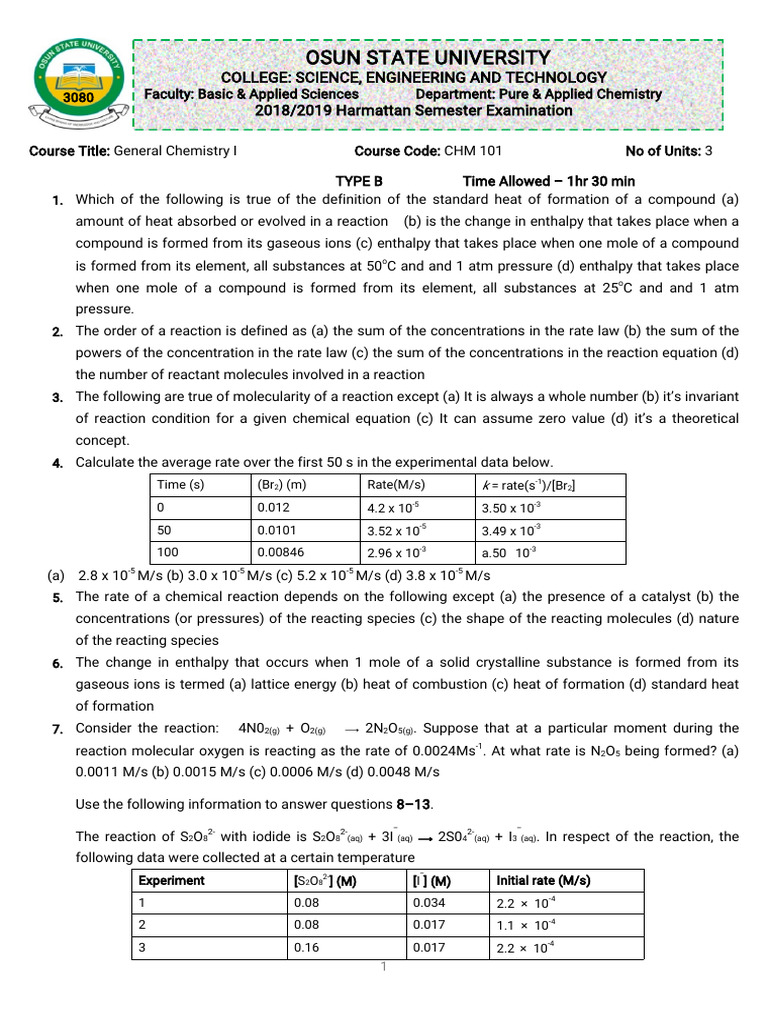 CHM 101 Exams 20182019 Type B | PDF