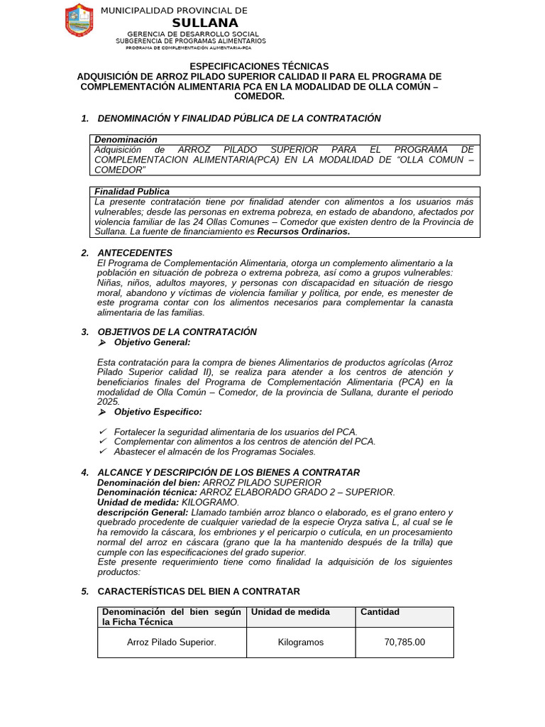 Especificaciones Tecnicas Arroz Pilado Superior Martes | PDF | Análisis ...