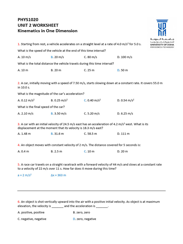 CH 2B Worksheet - Solution | PDF | Velocity | Acceleration