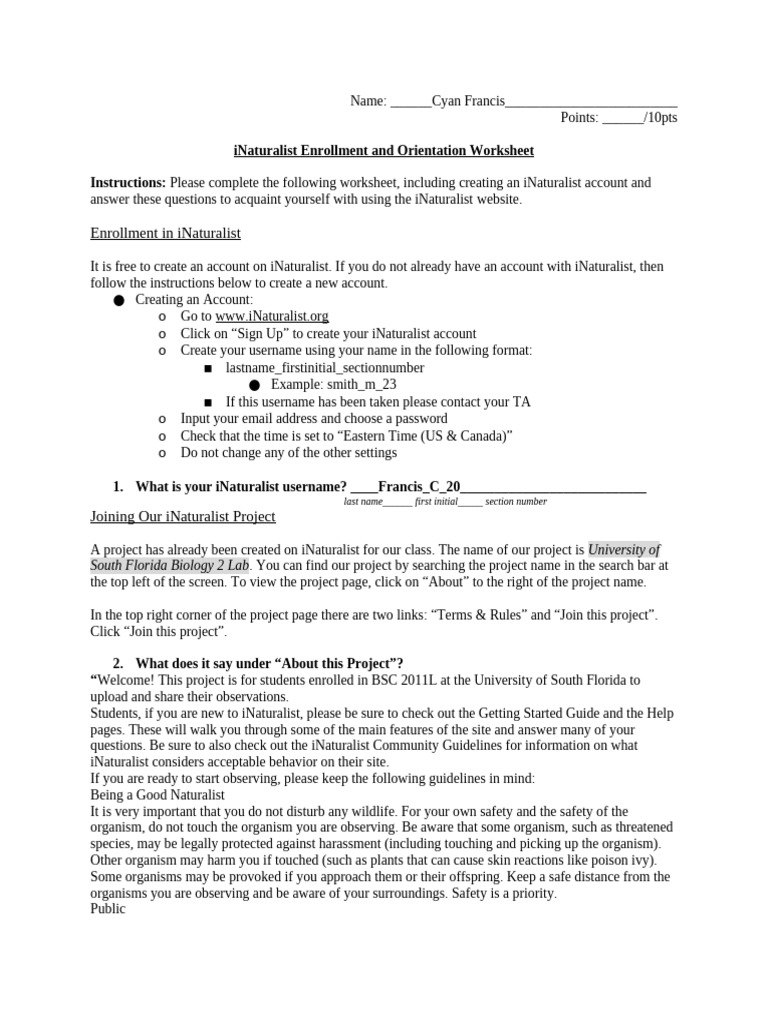 Inaturalist Orientation and Enrollment Worksheet SU 19 Update | PDF ...