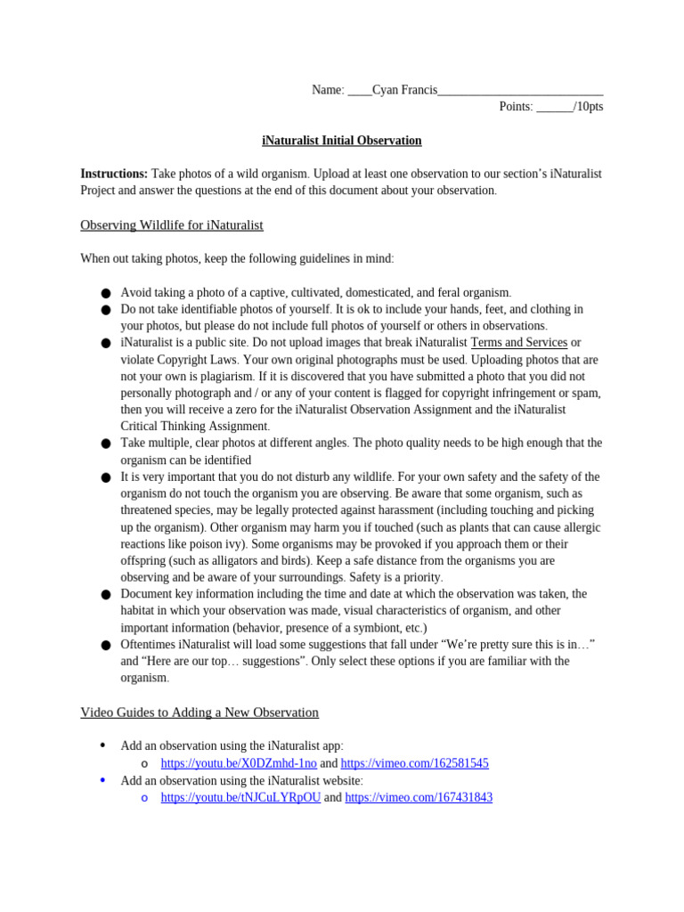 Inaturalist Initial Observation 1 | PDF