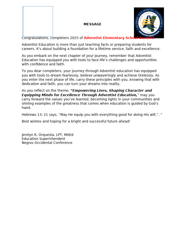 MESSAGE To The Completers 2024 | PDF