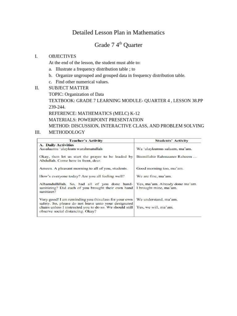 Grade 7 Math Lesson Plan: Data Organization | PDF