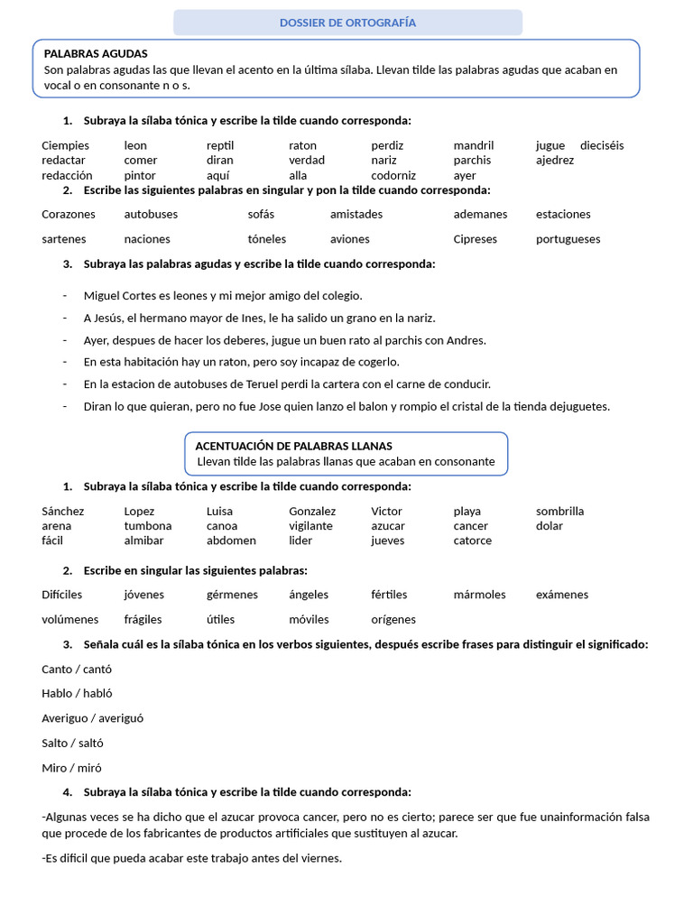 Subraya La Sílaba Tónica y Escribe La Tilde Cuando Corresponda | PDF ...
