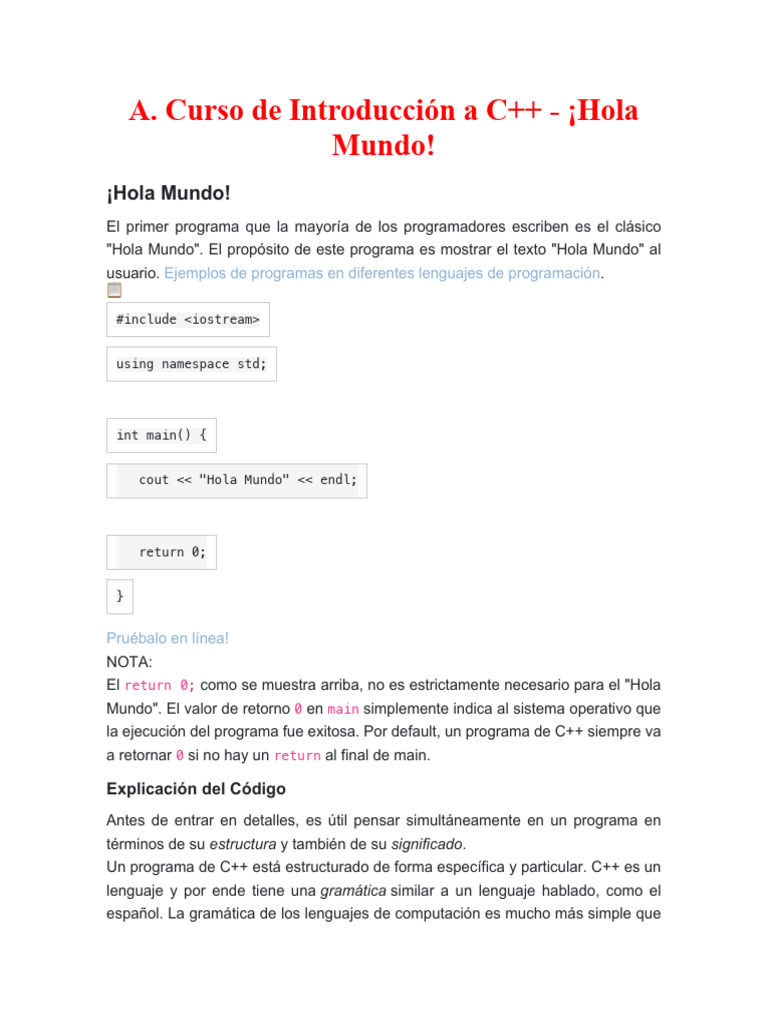 Introducción A C++, Hola Mundo | PDF | C ++ | Programa de computadora