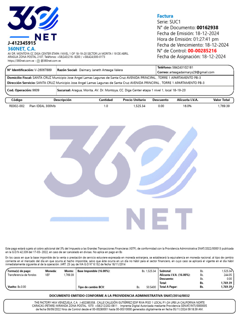 Factura de Servicio de Internet 300Mb | PDF | Impuesto al valor ...