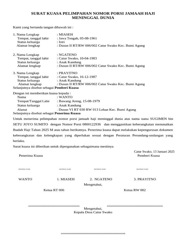 Surat Kuasa Pelimpahan Nomor Porsi Meninggal Dunia | PDF
