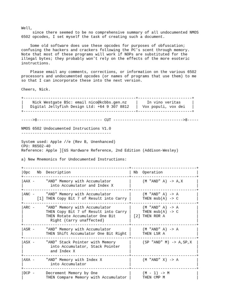 Undocumented 6502 Opcodes | PDF | Integrated Circuit | Computer Architecture