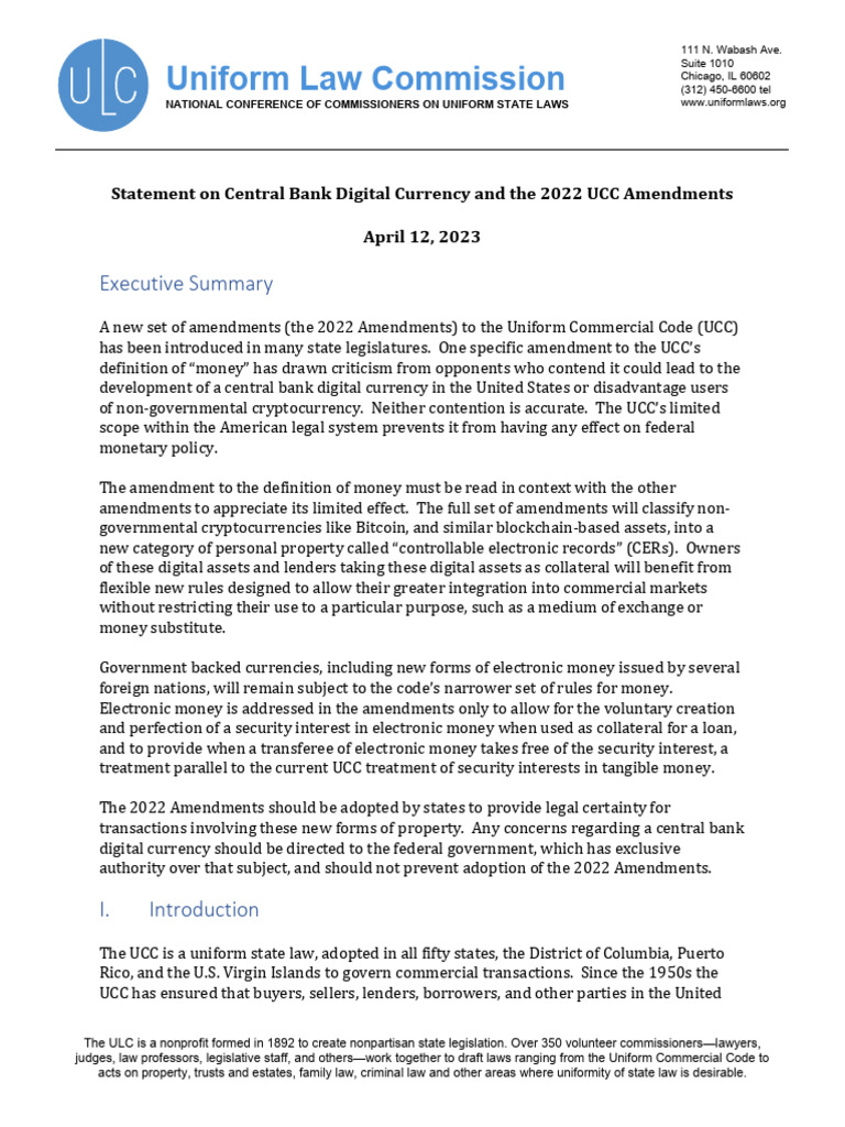 ULC Statement On The UCC and CBDCs | PDF | Security Interest | Loans