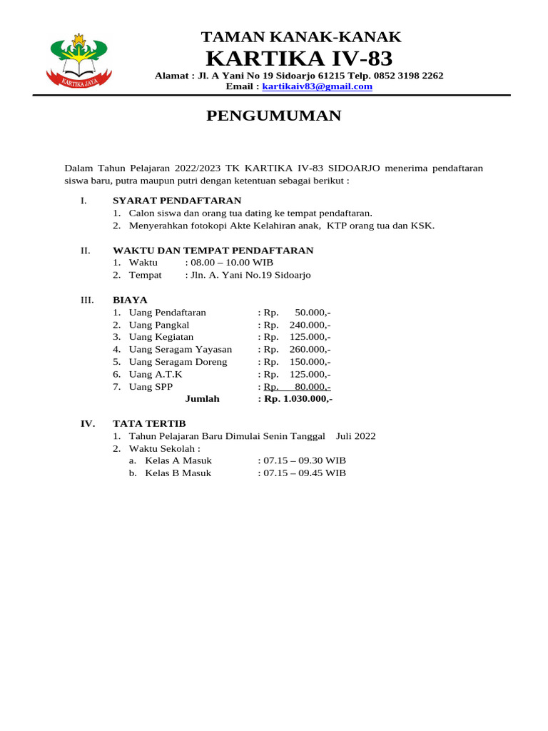 Formulir Pendaftaran TK Kartika Iv-83 | PDF