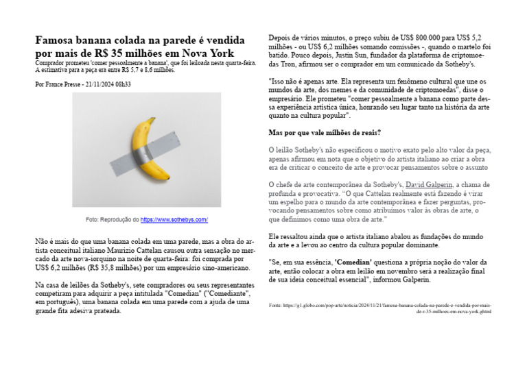 Banana na parede é vendida por R$ 35 milhões | PDF | Leilão | Educação ...