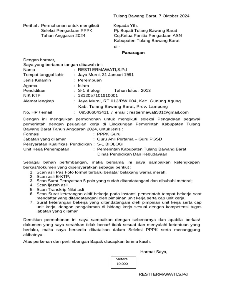 Contoh Surat Lamaran TBB | PDF