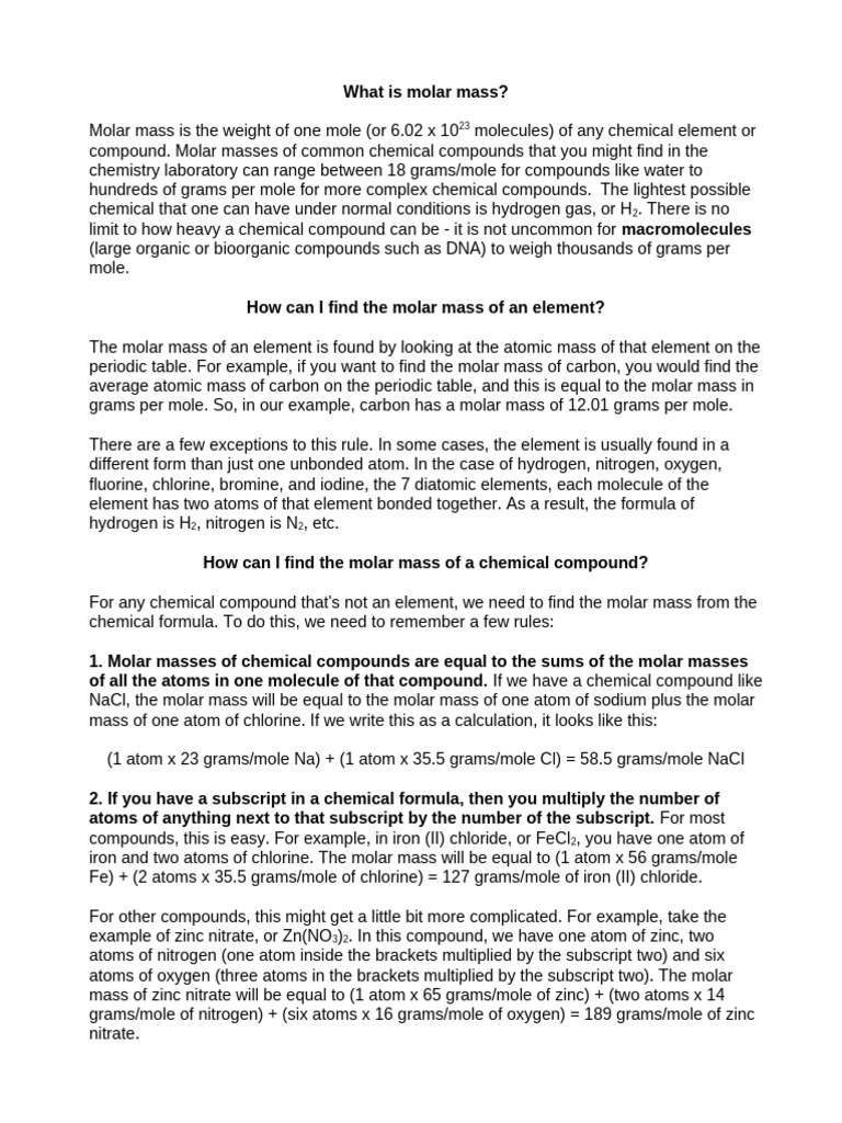 Intro Molar Mass | PDF | Mole (Unit) | Chemical Substances