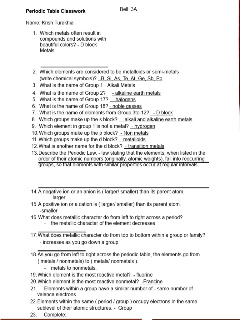 11 - 4 Periodic Table Classwork | PDF | Chemical Elements | Ion