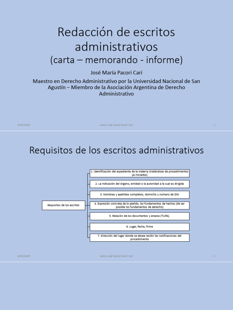 Redacción de Escritos Administrativos Diapositivas - Autor José María Pacori Cari | PDF