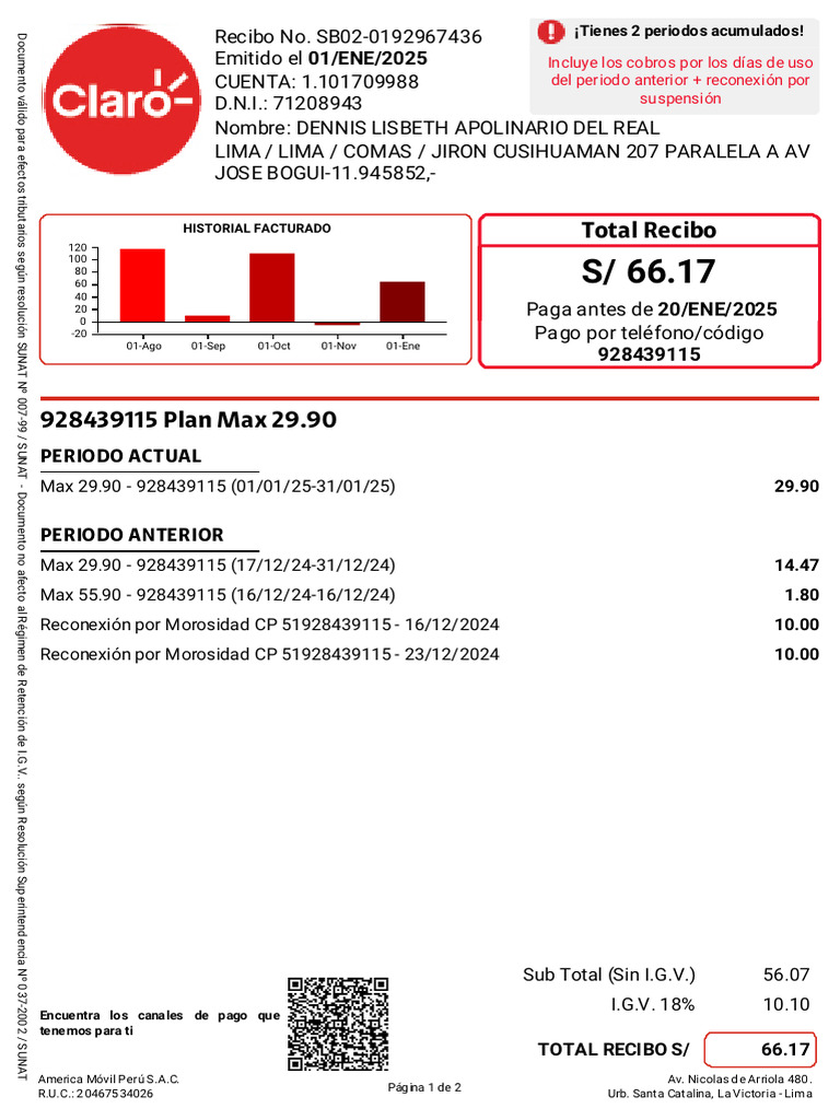 Recibo Claro: Detalles y Pagos Móviles | PDF