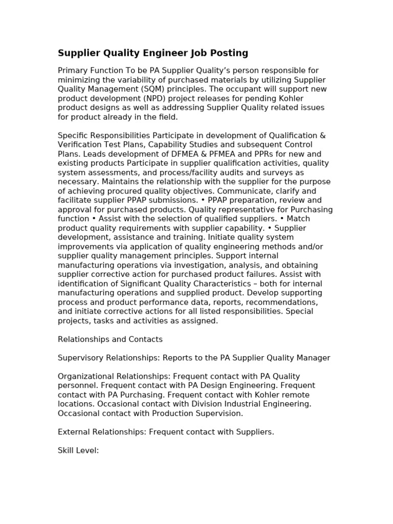 Supplier Quality Engineer Job Posting | PDF | Engineering | Supply Chain