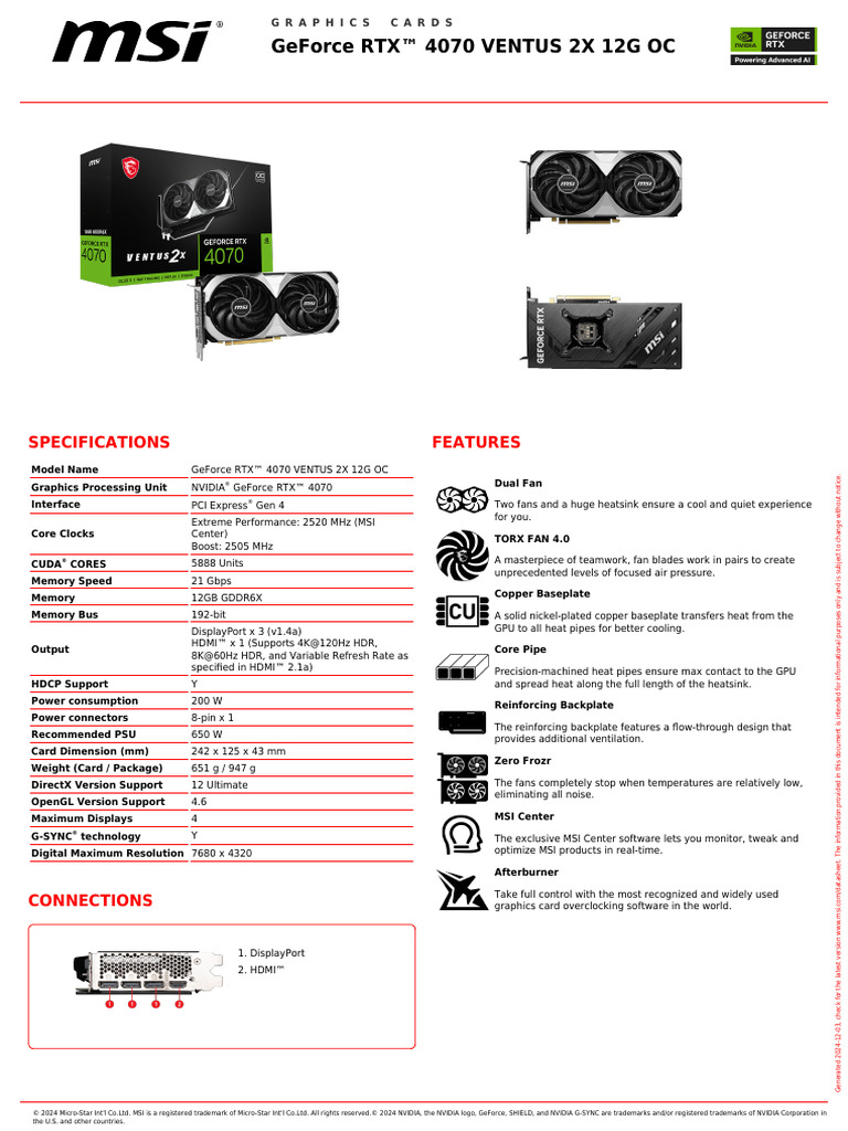 Geforce RTX 4070 Ventus 2x 12g Oc | PDF | Hdmi | Graphics Processing Unit