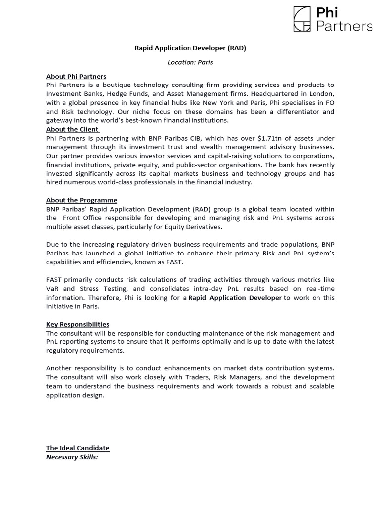 Phi Partners - Rapid Application Developer (Paris) | PDF | Bnp Paribas ...