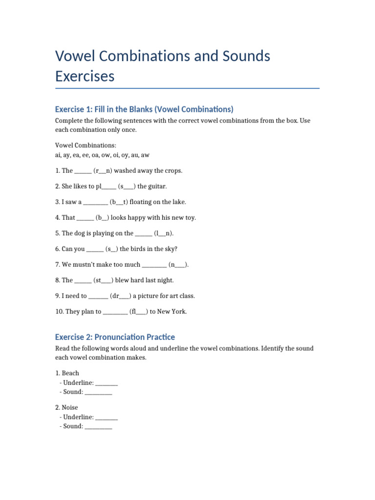 Vowel Combinations Exercises Guide | PDF | Phonetics | Linguistics