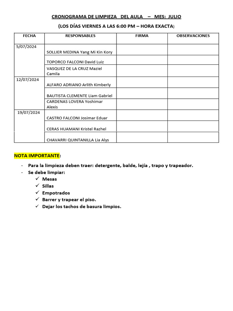 Cronograma de Limpieza de Aula Julio | PDF