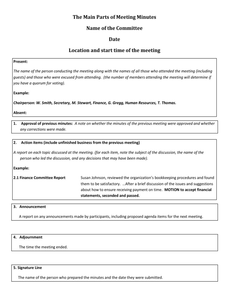 ADMN1220 Wk7 Main Parts of Meeting Minutes | PDF | Agenda (Meeting ...