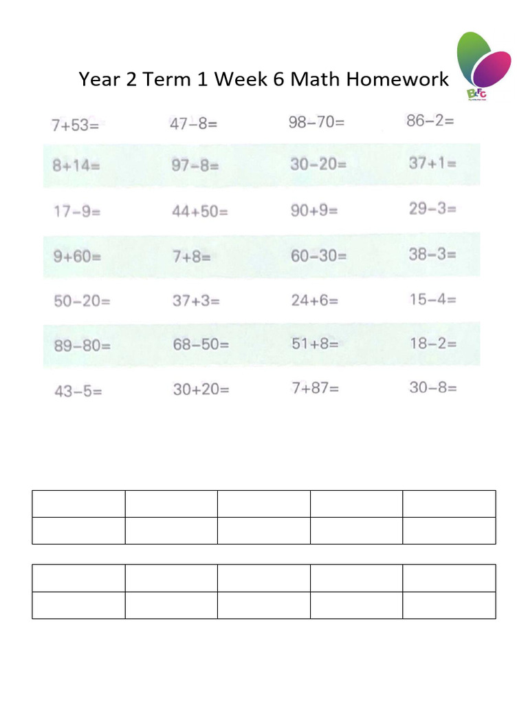 Year 2 - Term 1 - Week 6 - Math Homework | PDF