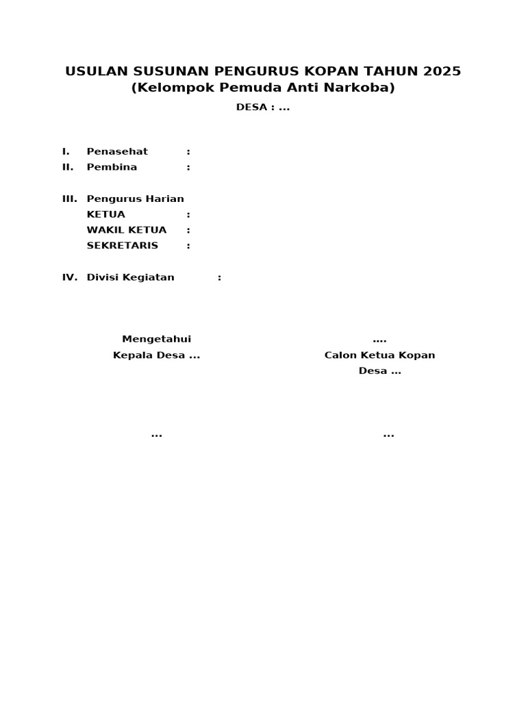 Form Usulan Pengurus Kopan Tingkat Desa Se Kab. Ngawi 2024 | PDF