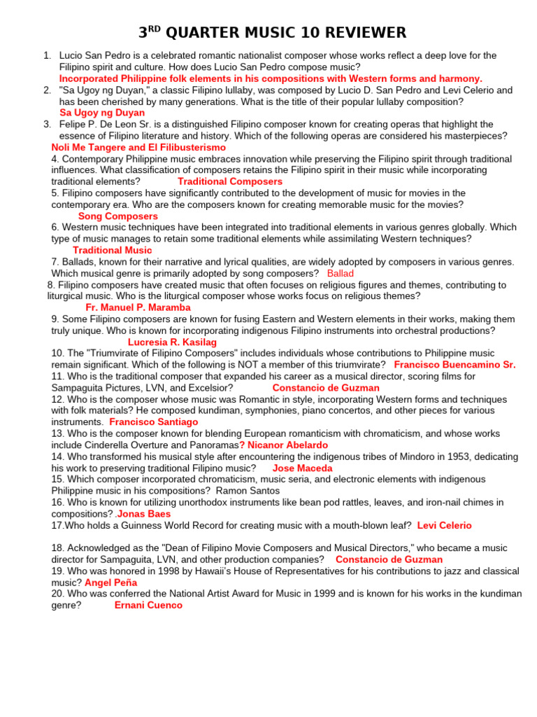 3RD Quarter Music Arts 10 Reviewer | PDF | Composers | Songs