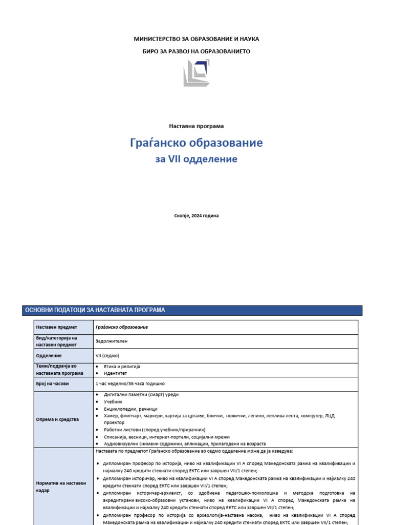 Nastavna Programa Gragjansko Obrazovanie 7 Odd | PDF