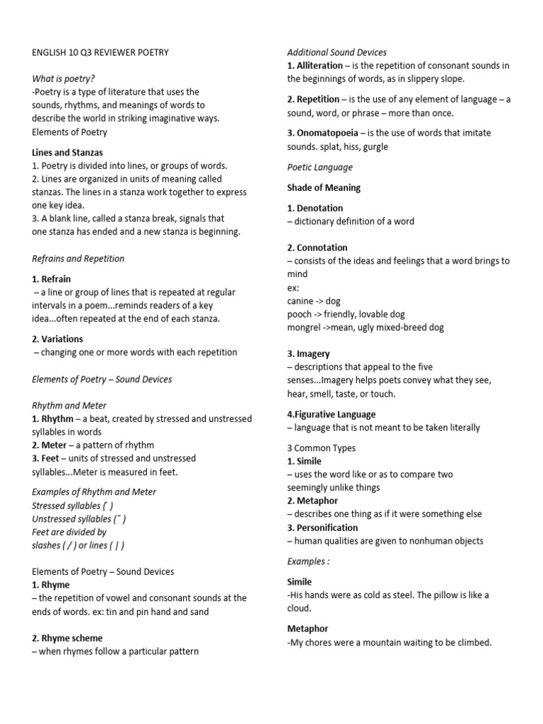 English 10 q3 Reviewer Poetry | PDF | Poetry | Metre (Poetry)