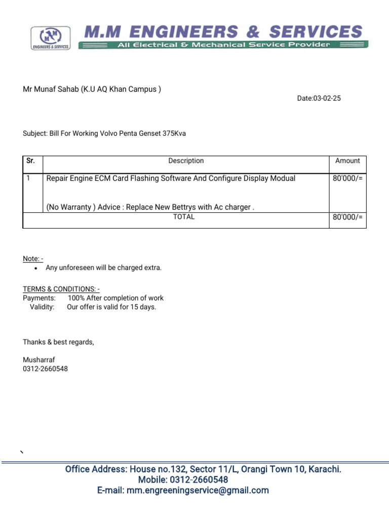 Invoice for Volvo Penta Genset Repair | PDF