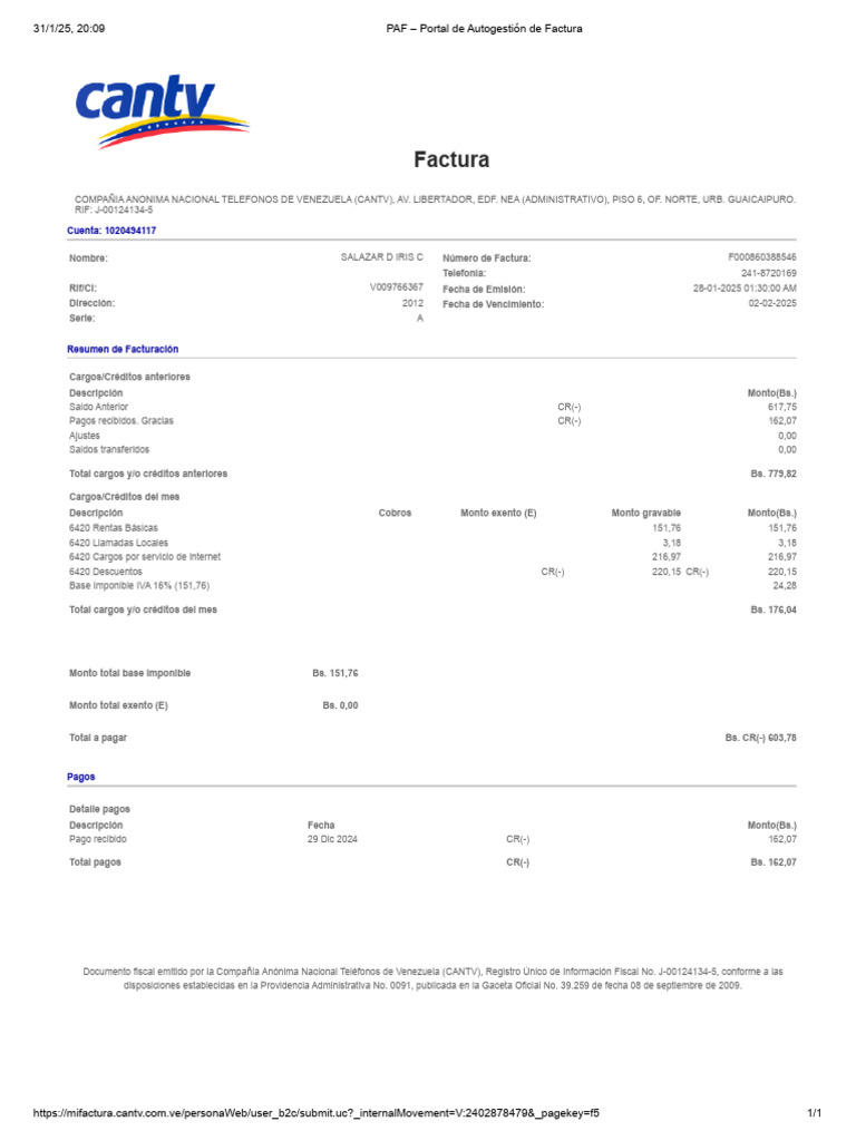 Factura CANTV Enero 2025: Detalles y Pagos | PDF | Venezuela