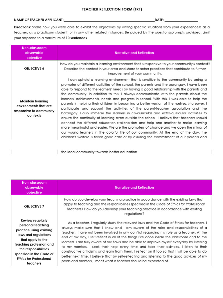 #1 Teacher Reflection Form (TRF) | PDF | Learning | Educational Assessment
