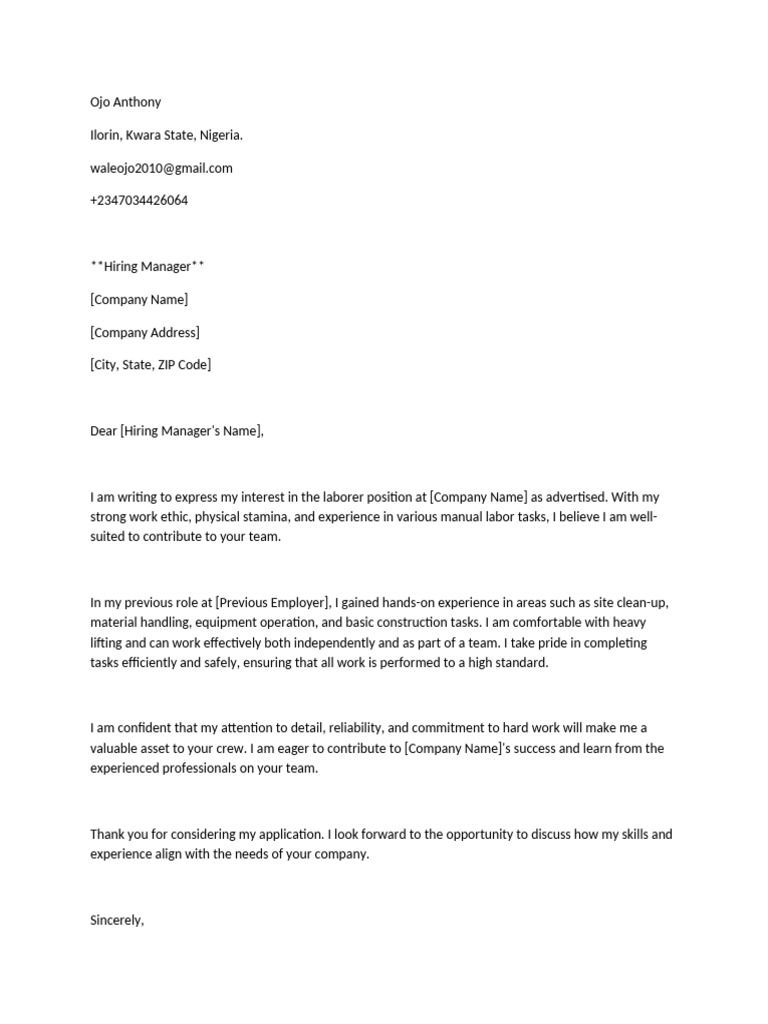 Laborer Position Cover Letter Template | PDF