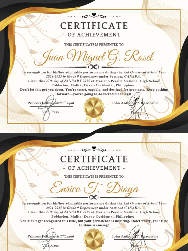 Certificate of Achievement 2ND Q-9 | PDF