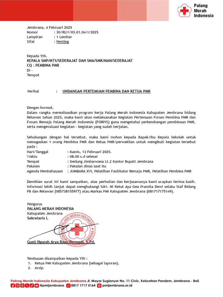 Undangan Pertemuan Pembina PMR Dan Forpis Tahun 2025 | PDF