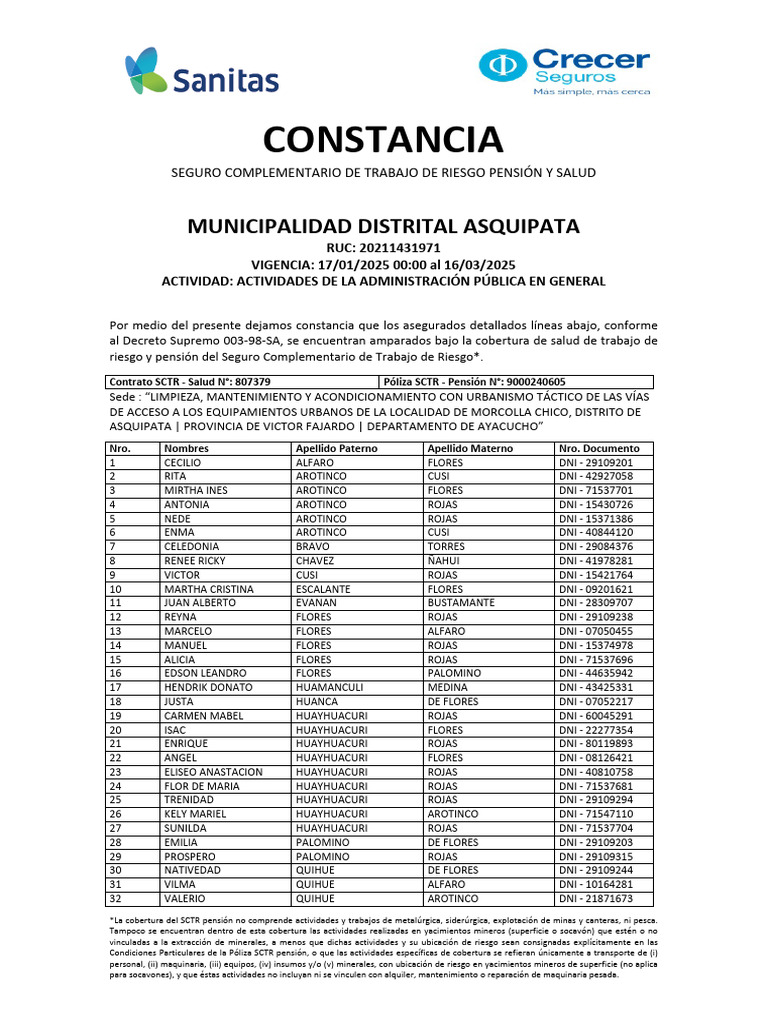 Cobertura SCTR Pensión y Salud Asquipata | PDF
