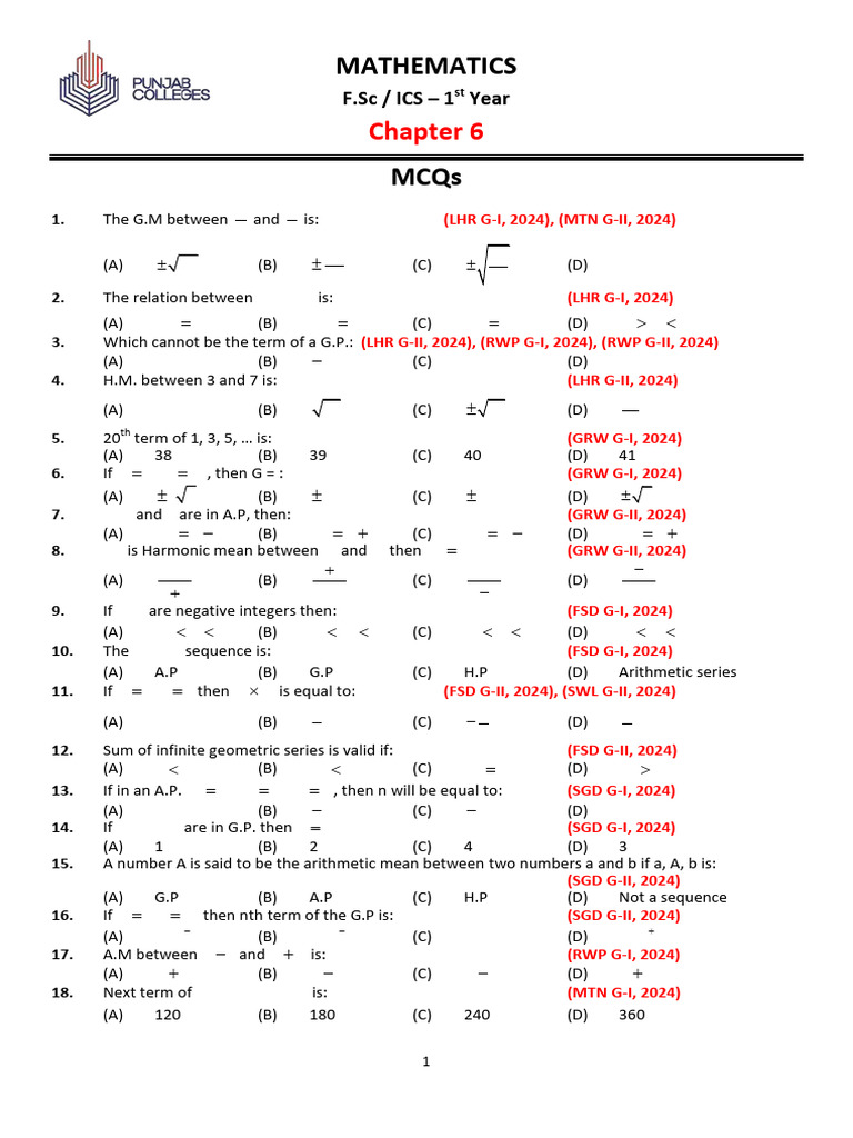 Math MCQS Part 1 (Chaps. 6,7,8) | PDF | Numbers | Elementary Mathematics