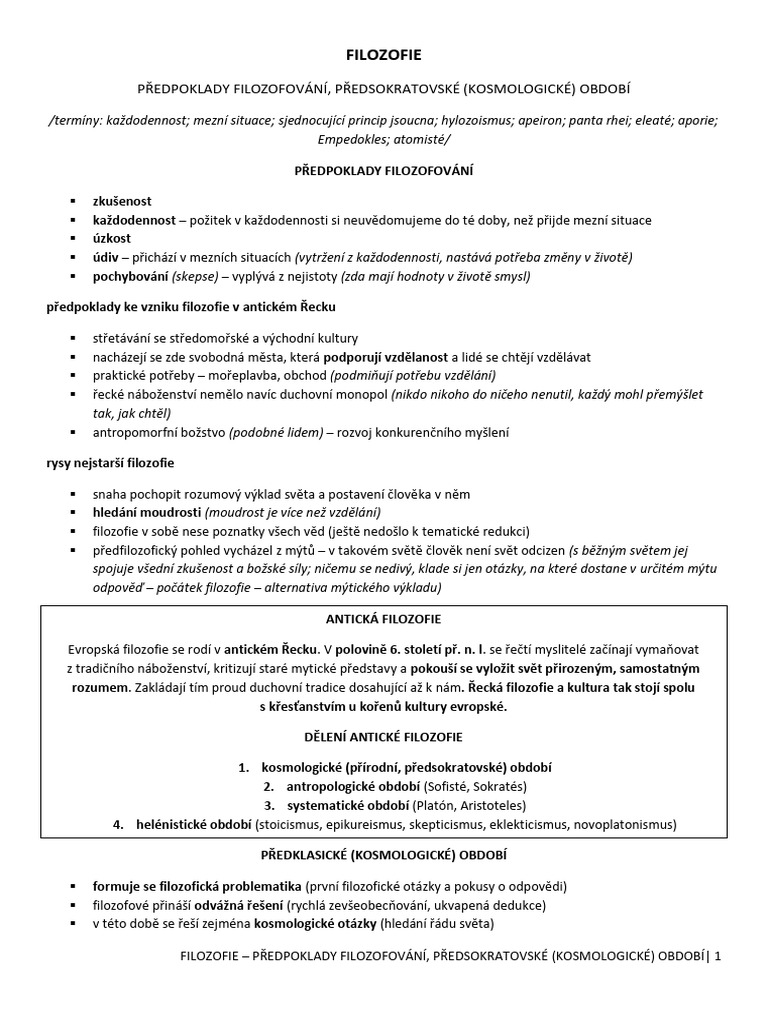 2. Filozofie - předpoklady filozofování, předsokratovské (kosmologické) období | PDF