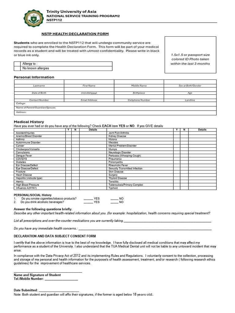 NSTP2 Health Declaration Form (1) | PDF | Informed Consent | Medical Specialties