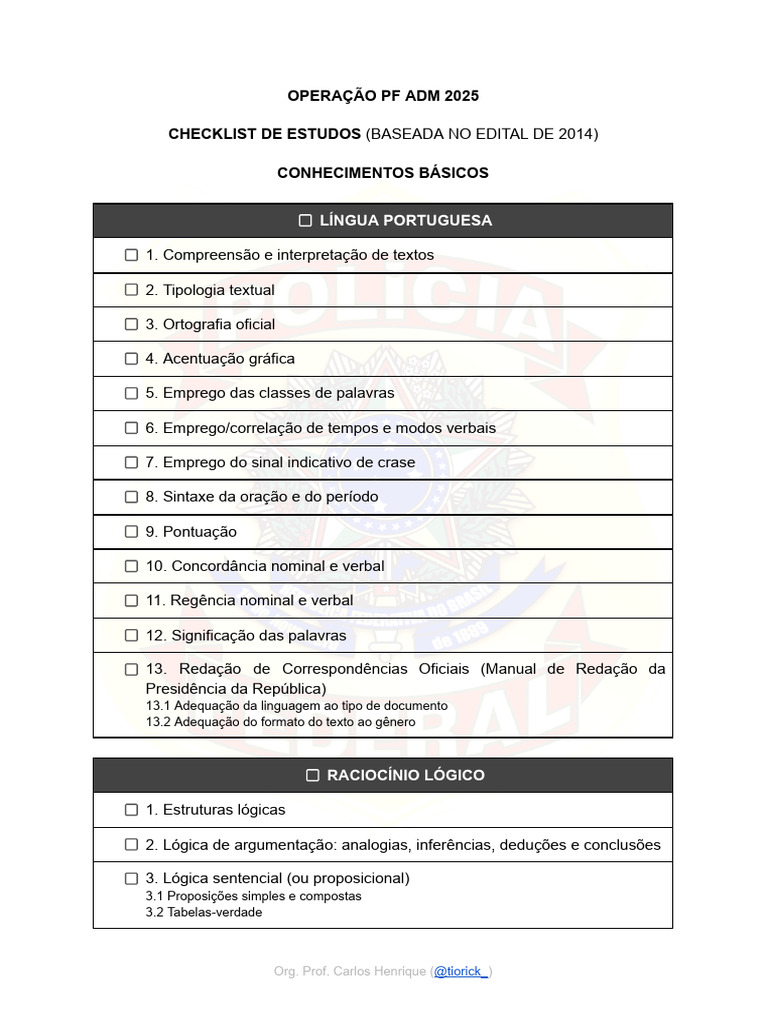 Operação PF Adm 2025 - Checklist de Estudos | PDF | Orçamento ...