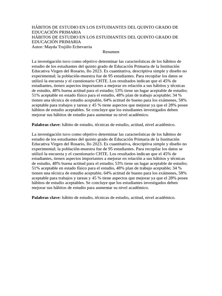 Hábitos de Estudio en Quinto Grado | PDF | Aprendizaje | Programa para ...