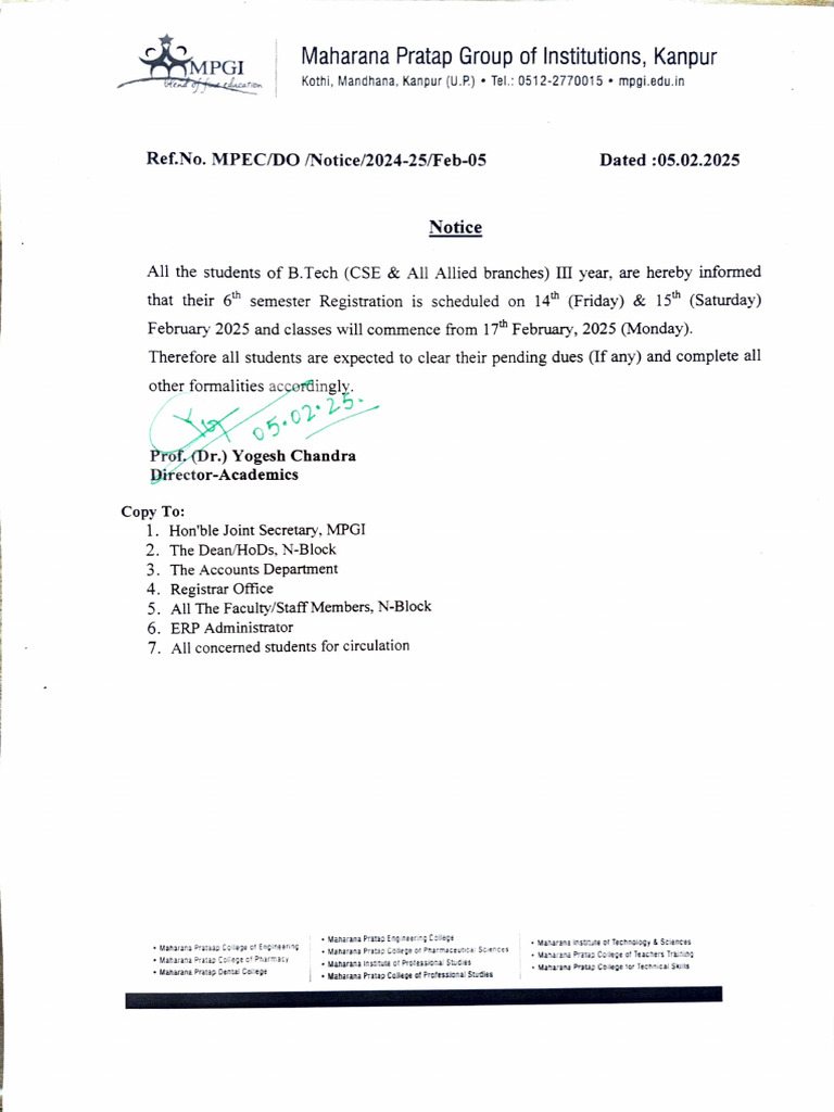 B.Tech 6th Semester Registration Notice | PDF