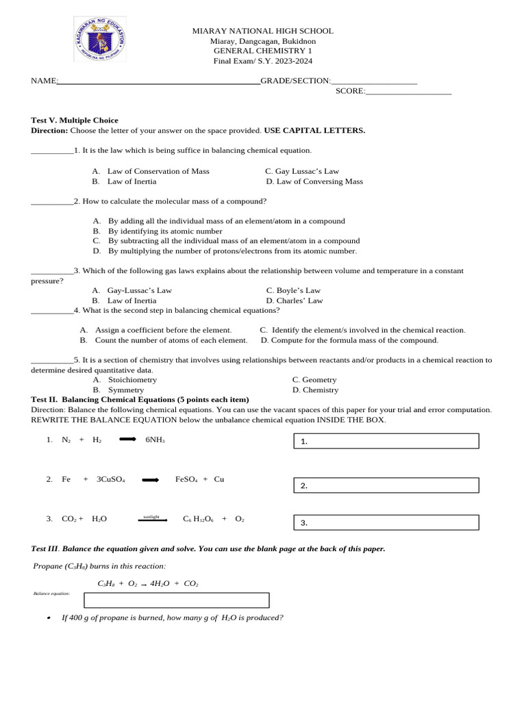 General Chemistry Exam (Informal) | PDF | Chemistry | Physical Sciences