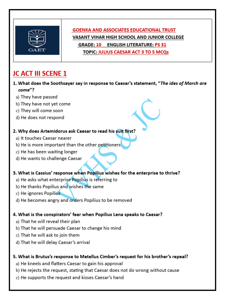 Grade 10 Ps 31 Literature Julius Caesar Mcqs | PDF | Mark Antony ...