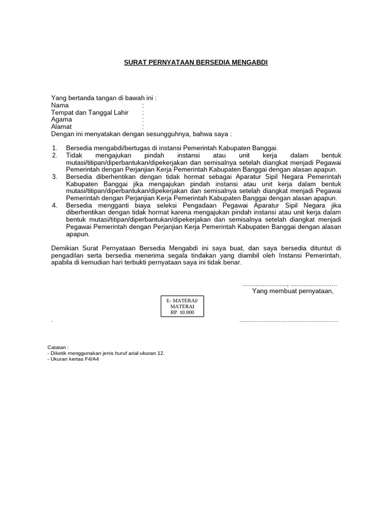 Format Surat Pernyataan Bersedia Mengabdi | PDF
