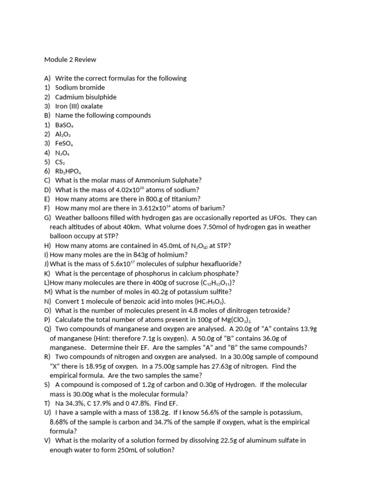 Module 2 Review | PDF | Mole (Unit) | Oxygen