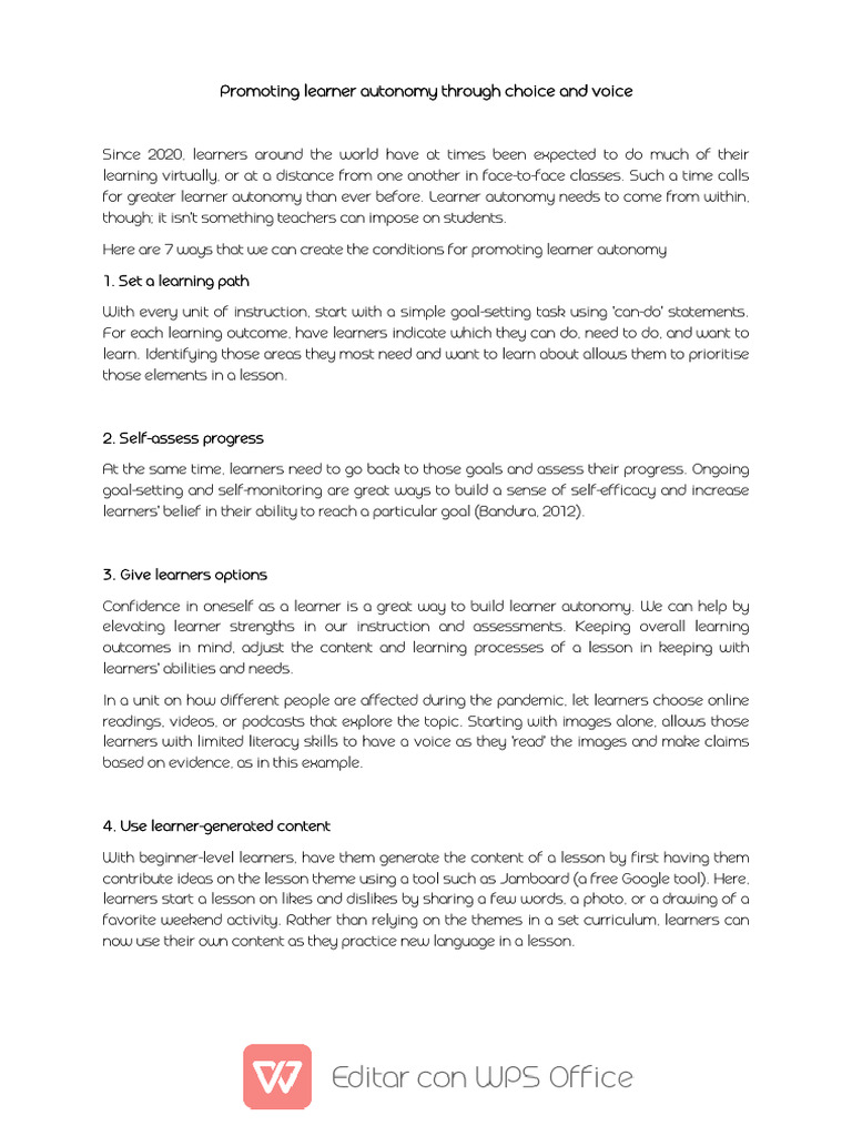 Promoting learner autonomy through choice and voice | PDF | Learning | Goal Setting